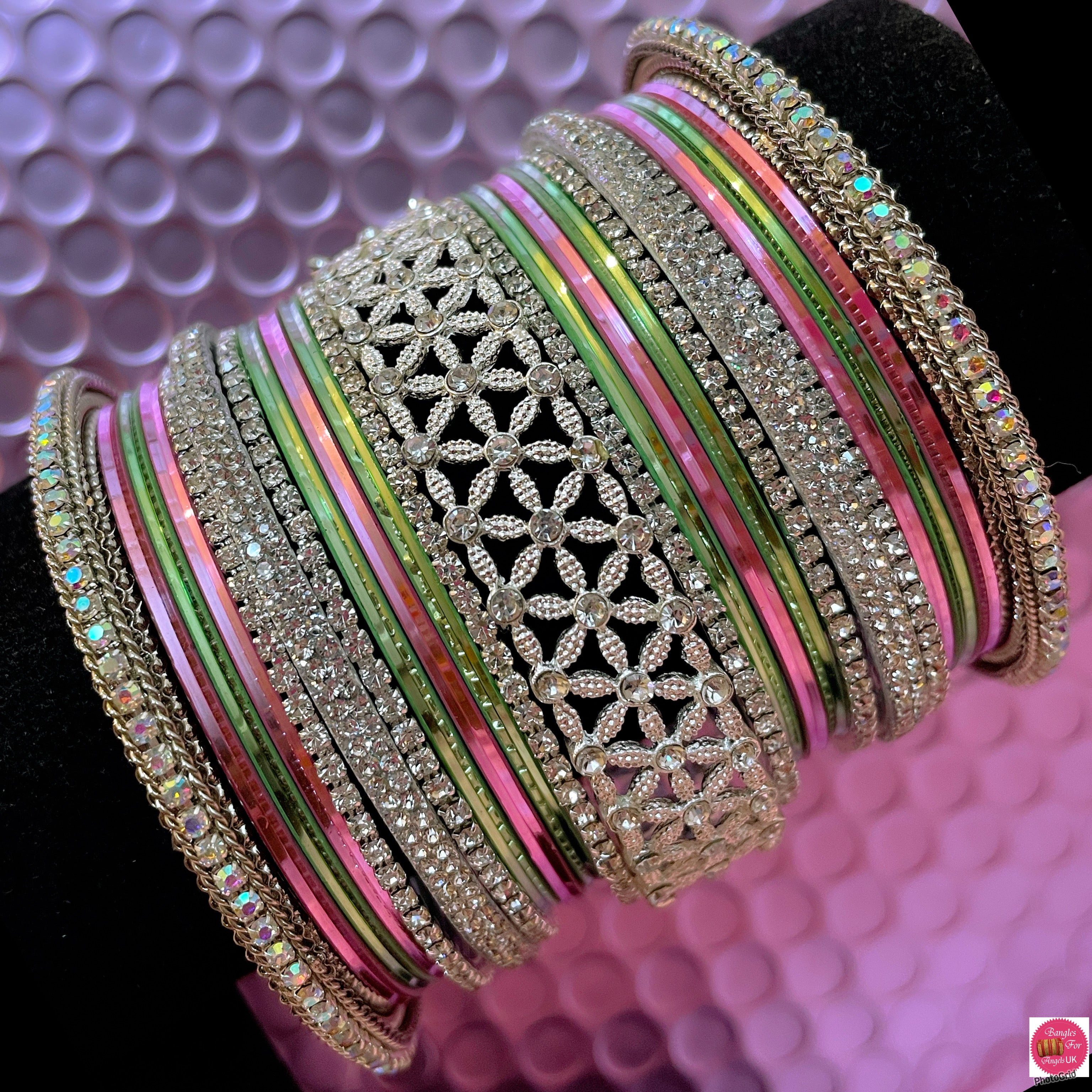 Silver Zirconia Metal Bangles Set- Light Pink/Mint Green – Bangles For ...
